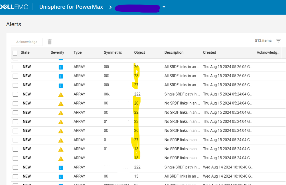 Alerta de Unisphere para PowerMax: Se recibió una sola alerta para No hay enlaces RDF en un ...