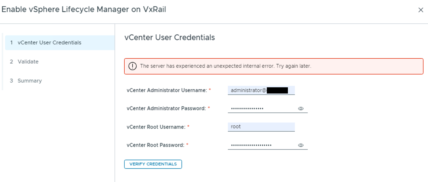 VxRail: Enable vSphere Lifecycle Manager returns internal error with external vCenter | Dell US