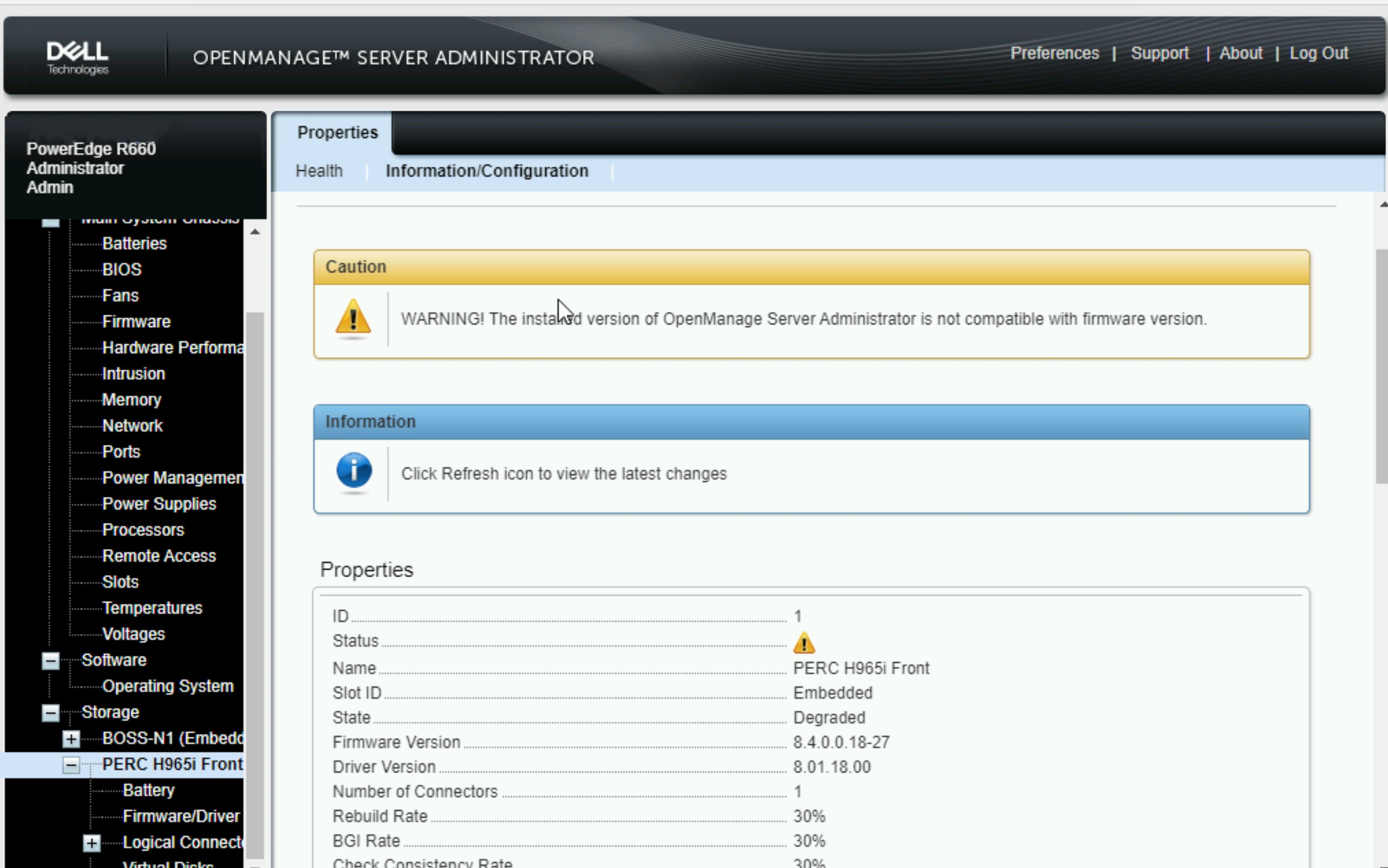 PowerEdge RAID 控制器 12，H965i：OpenManage Server Administrator 11：升級 PERC ...