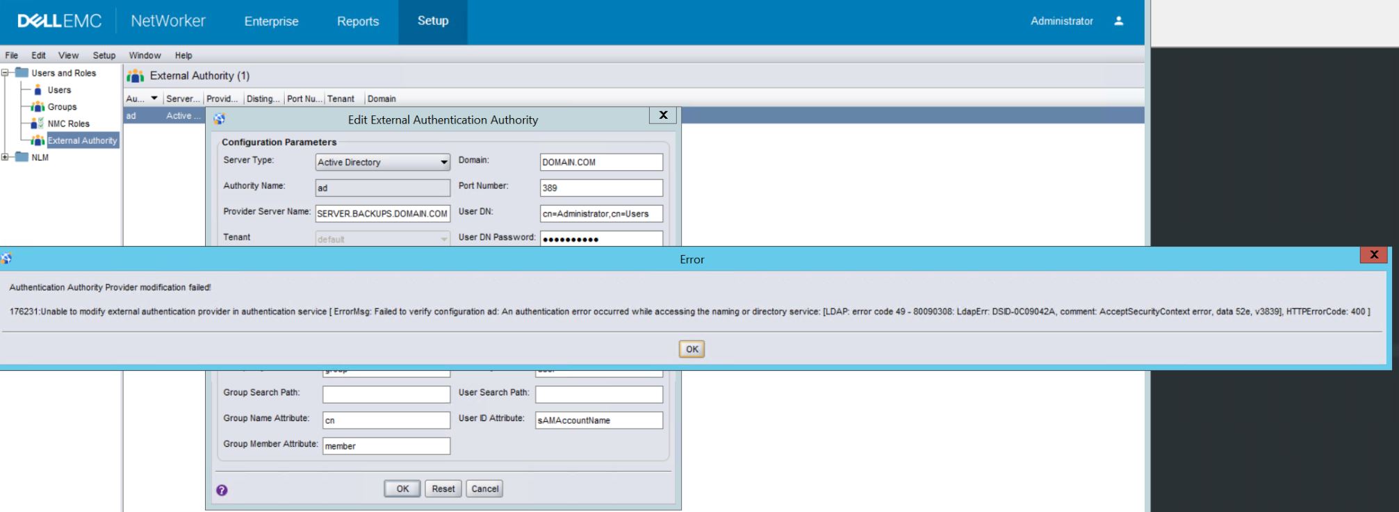 NetWorker：AD/LDAP統合がLDAPエラー49 Data 52e(無効な認証情報)で失敗する HTTP 400 | Dell 日本