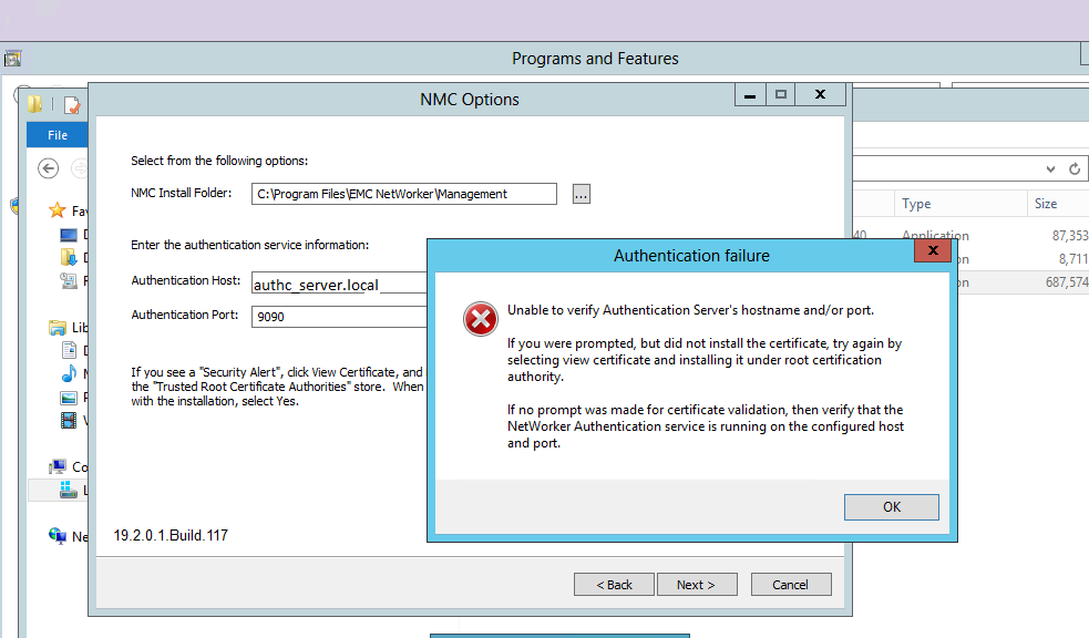 NMC 19.2.0.1 : unable to install NMC on Windows on a separate host; "Unable to verify ...