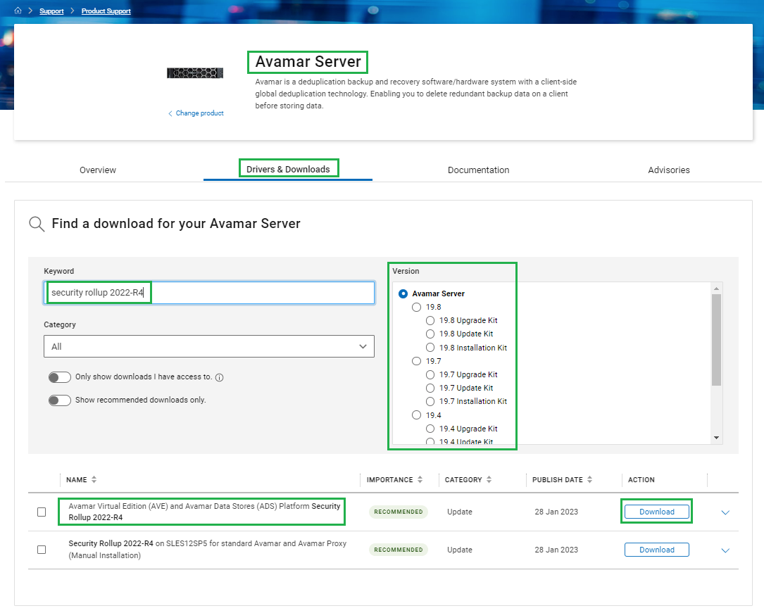Avamar: How to find and download a product hotfix, patch, install or ...
