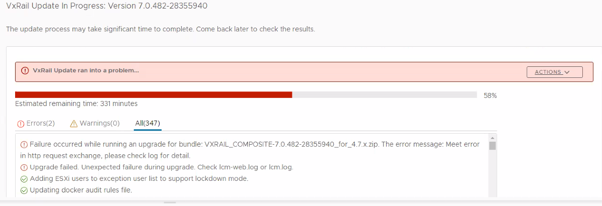 「VxRail：LCMアップグレードが「httpリクエスト交換でエラーが発生しました。詳細についてはログを確認してください」により失敗しました。 | Dell 日本