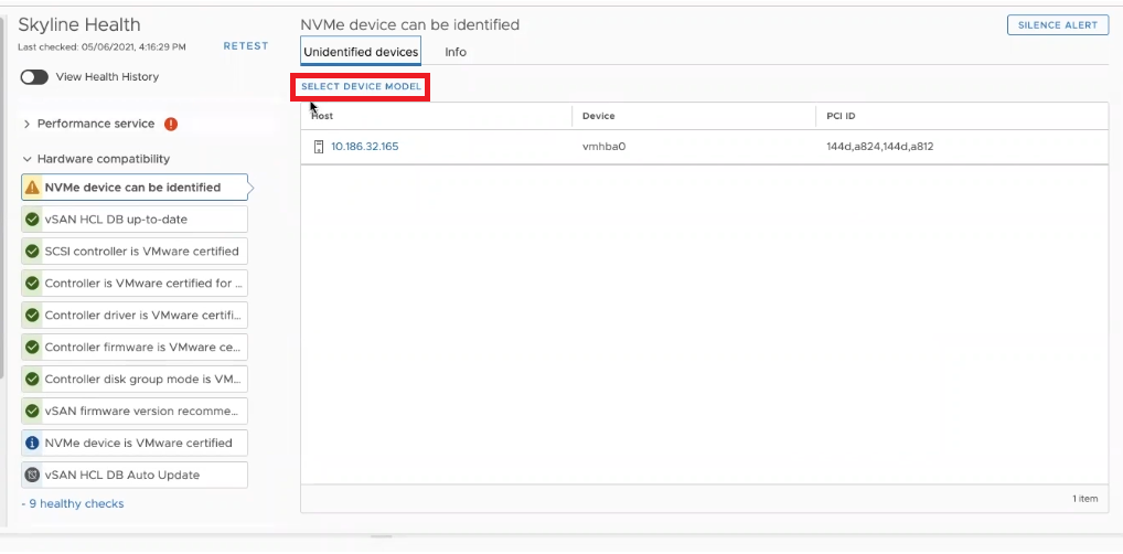 VxRail: vLCM remediation failure due to vSAN health check shows warning "NVMe device is VMware ...