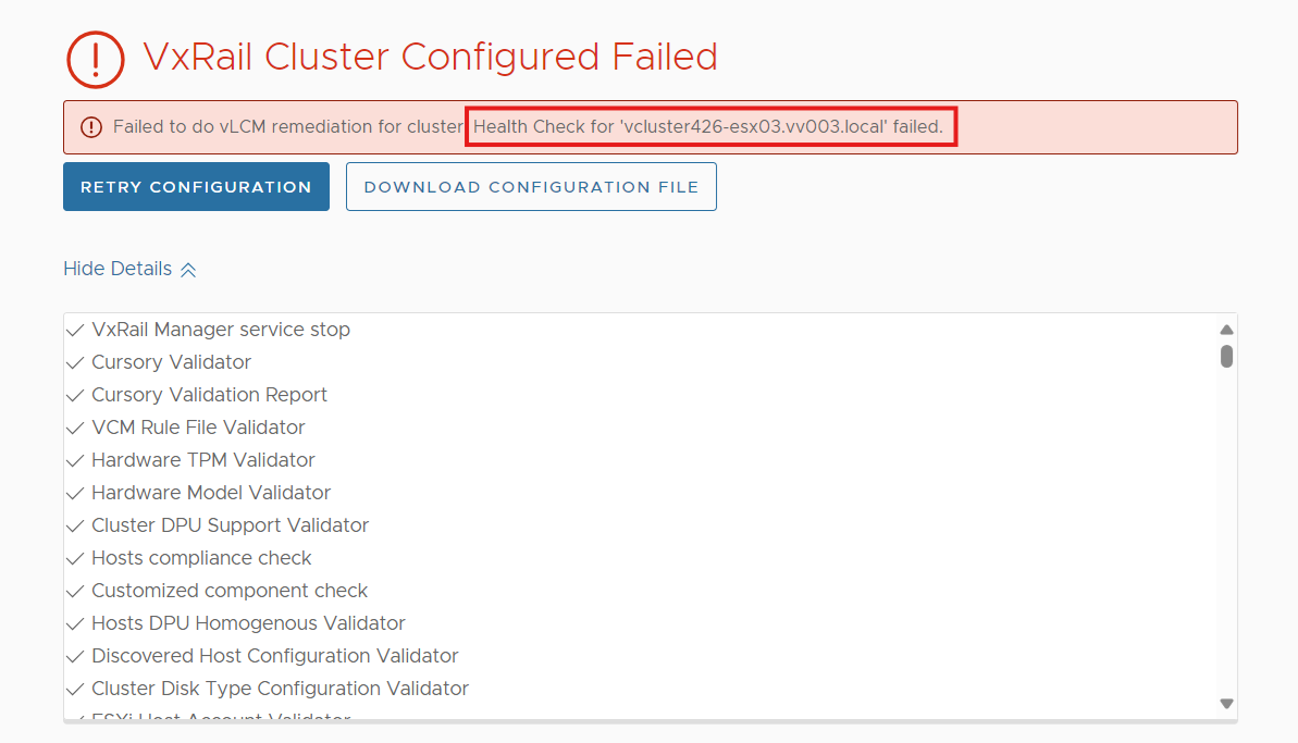 VxRail: vLCM remediation failure due to vSAN health check shows warning "NVMe device is VMware ...