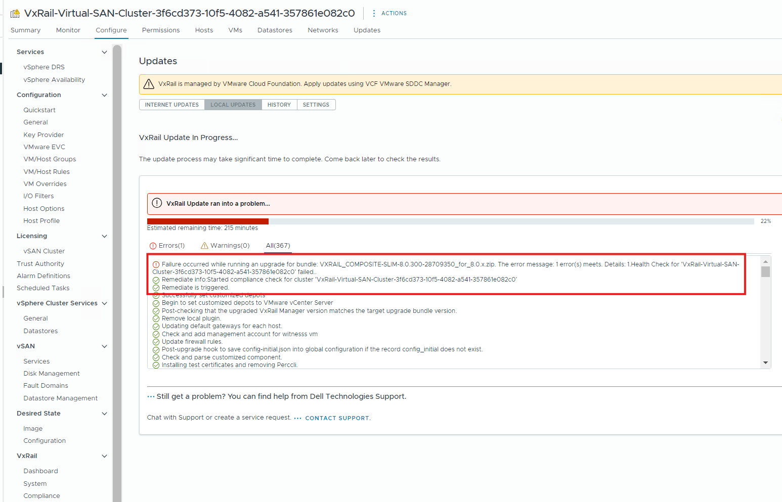 VxRail: vLCM remediation failure due to vSAN health check shows warning "NVMe device is VMware ...