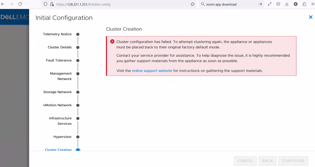 PowerStore X: De Initial Configuration Wizard (ICW) meldt dat ...