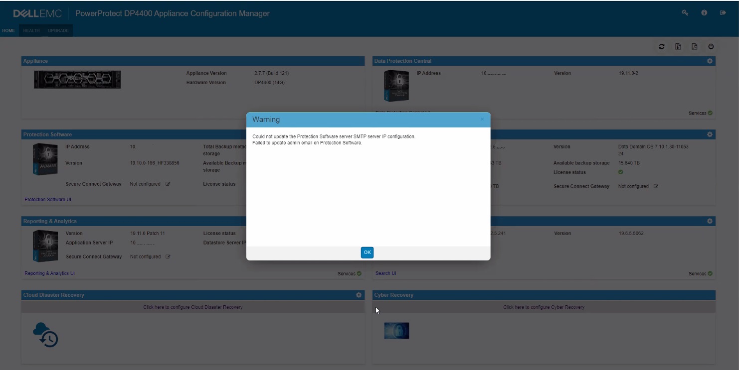 Idpa Acm Ui Alert Could Not Update The Protection Software Server Smtp Server Ip Configuration