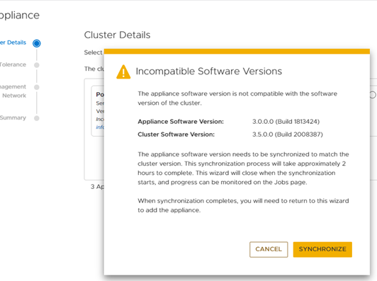PowerStore: Add 3.x appliance to 3.5.x cluster fails: "Unconfigured appliance is not ready from ...