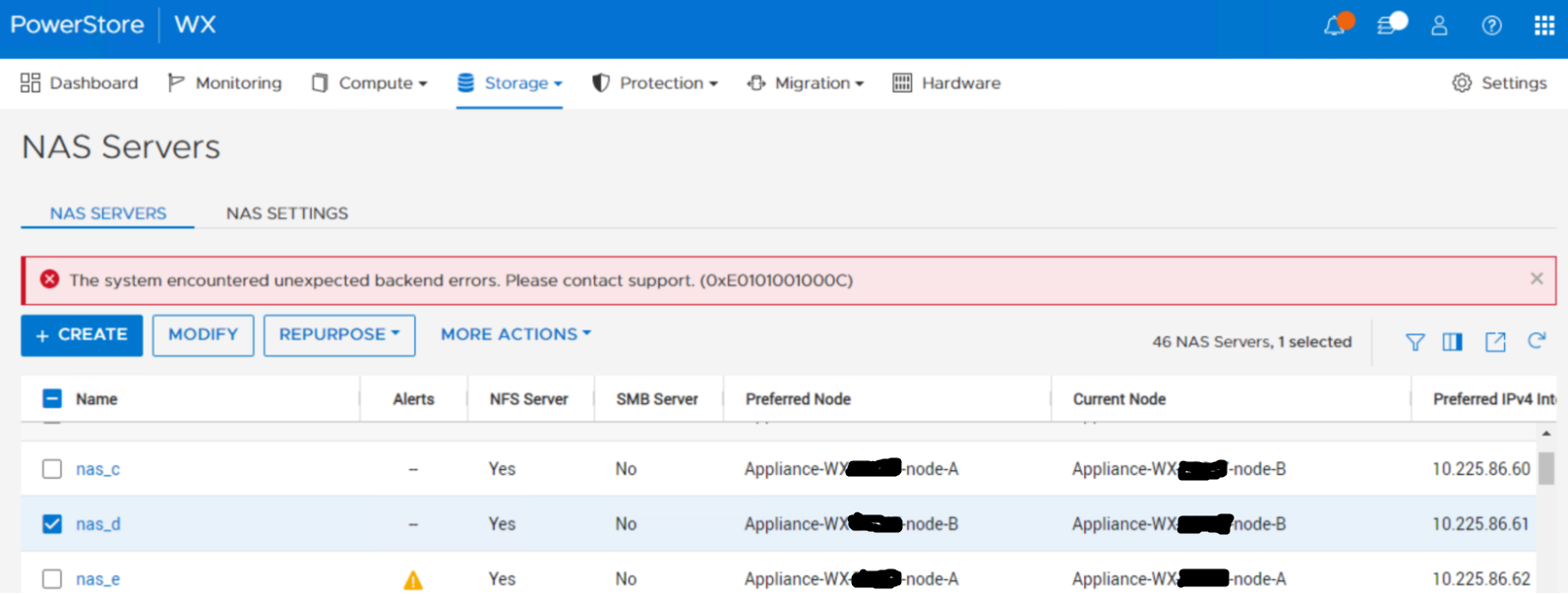 PowerStore: Move NAS server failed with "The system encountered unexpected backend errors ...