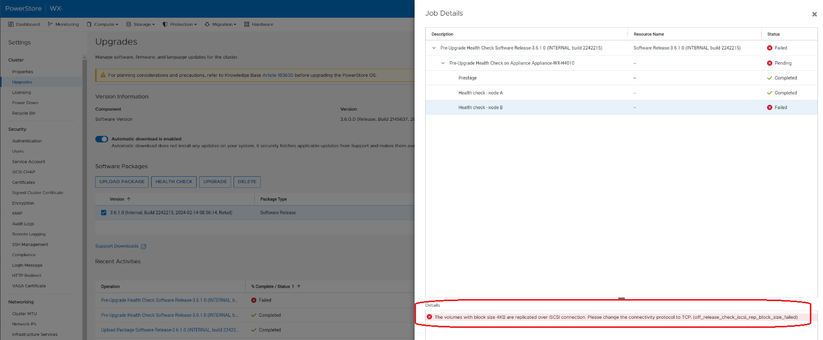 PowerStore: PUHC(Pre-Upgrade Health Check)에서 iSCSI 프로토콜을 통해 복제되는 4096 VOLUME SECTOR SIZE의 볼륨을 ...