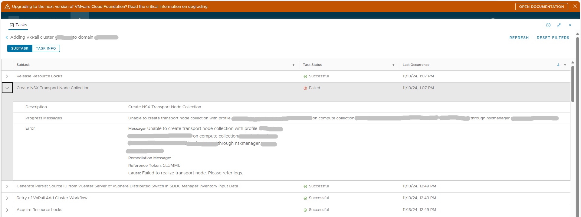 VxRail 기반 Dell VCF: 워크로드 도메인에 클러스터를 추가하는 동안 "NSX 전송 노드 수집 생성" 작업이 실패함 ...