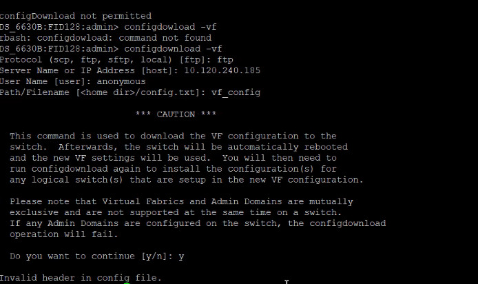 Connectrix B Series Facing Invalid Header In Config File Error While Performing Configdownload