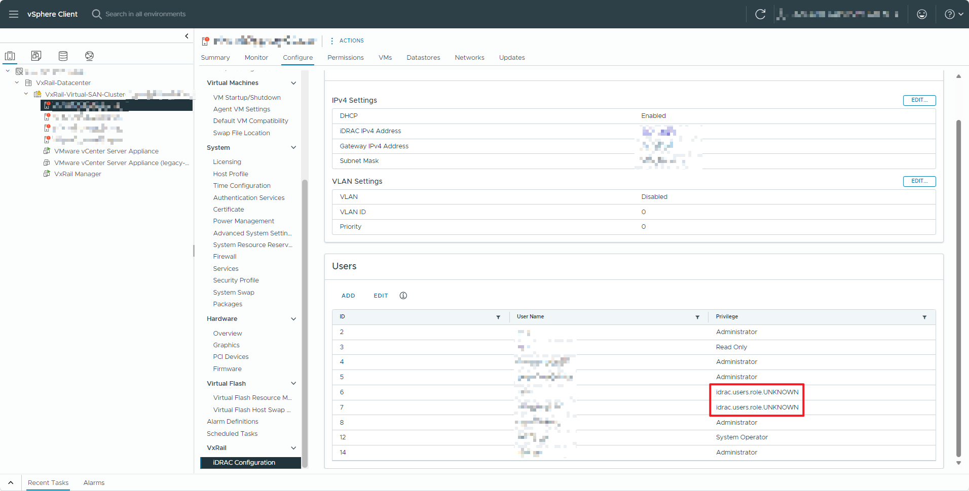 VxRail: Legg til iDRAC bruker ved VxRail-pluginmodul viser privilegiet ...