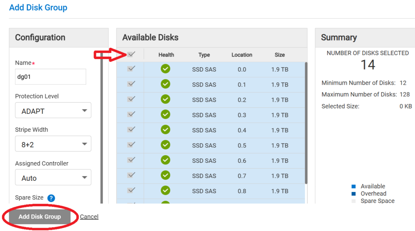 PowerVault ME5: Disk Group Creation errors when using Select All checkbox | Dell US