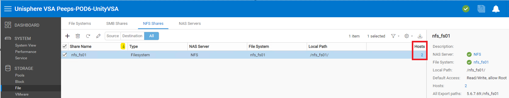 Dell Unity: Unisphere에 NFS 공유에 대한 올바른 수의 호스트가 표시되지 않음(사용자 수정 가능) | Dell ...
