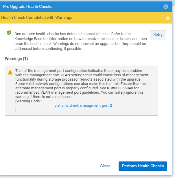 Dell Unity Pre Upgrade Health Check Warning Platform Check Management Port 2 User