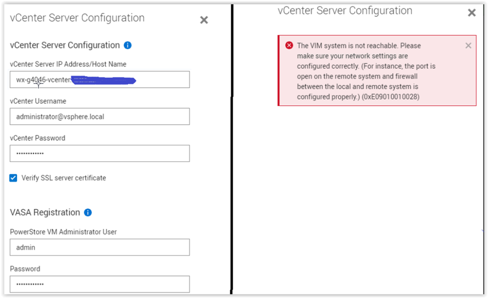 PowerStore: La conexión a vCenter falla y aparece el mensaje "No se puede comunicar con vCenter ...