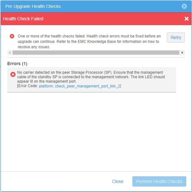 Dell Unity Health Check Fails For Error Check Peer Management Port Link 2 User Correctable