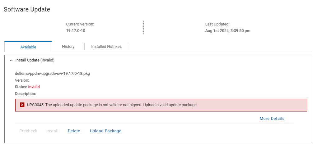 PowerProtect Data Manager Upgrade fails with "UPG0045: The uploaded update package is not valid ...