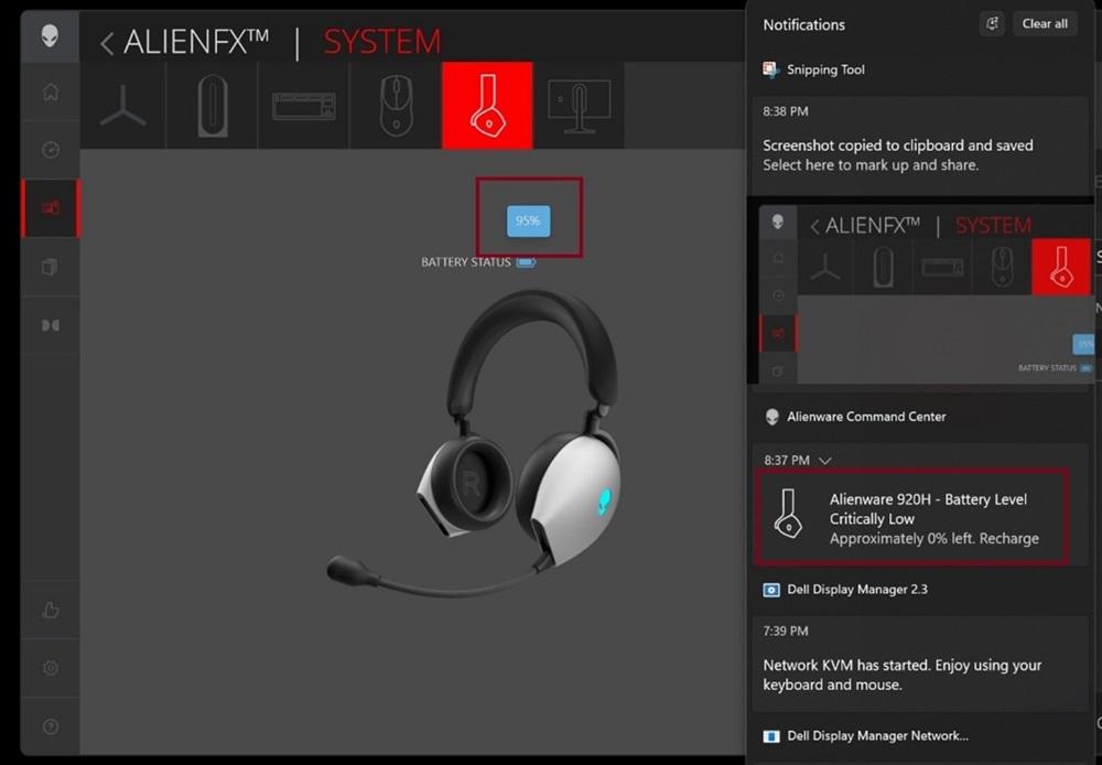 Alienware AW920H 헤드셋이 잘못된 배터리 충전 수준을 보고함 | Dell 대한민국