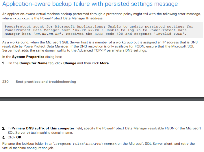 Powerprotect Data Manager Vmware Application Aware Backup Kunde Inte Konfigurera Mssqldm