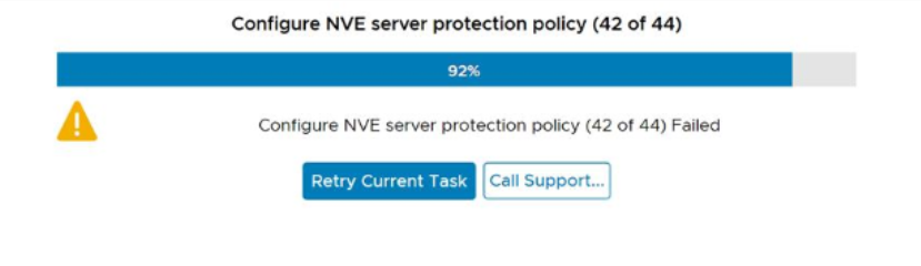 NetWorker VE: 업그레이드가 실패하고 "Configure NVE server protection policy ...
