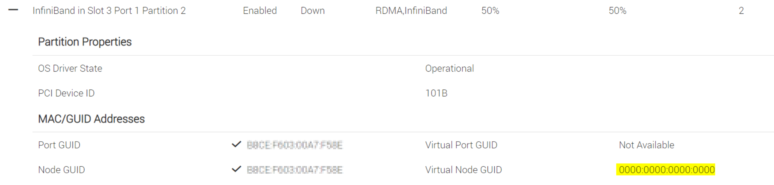 PowerEdge: Virtual Node GUID Value Displays as 0000:0000:0000:0000 Second Partition with ...