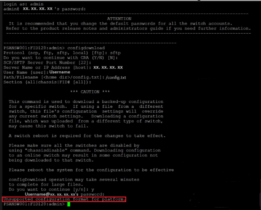 Connectrix Brocade B-Series: Configuration backup download fails with an error "Unsupported ...