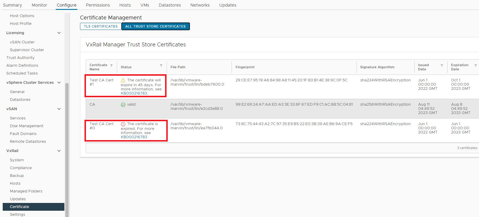 「VxRail：VxRail Managerトラスト ストアのvCenter以外のCA証明書の有効期限が間もなく切れるか、期限切れになります ...