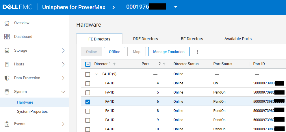 PowerMax: Unisphere 또는 Solutions Enabler를 사용하여 프런트엔드 포트를 활성화 및 비활성화하는 ...
