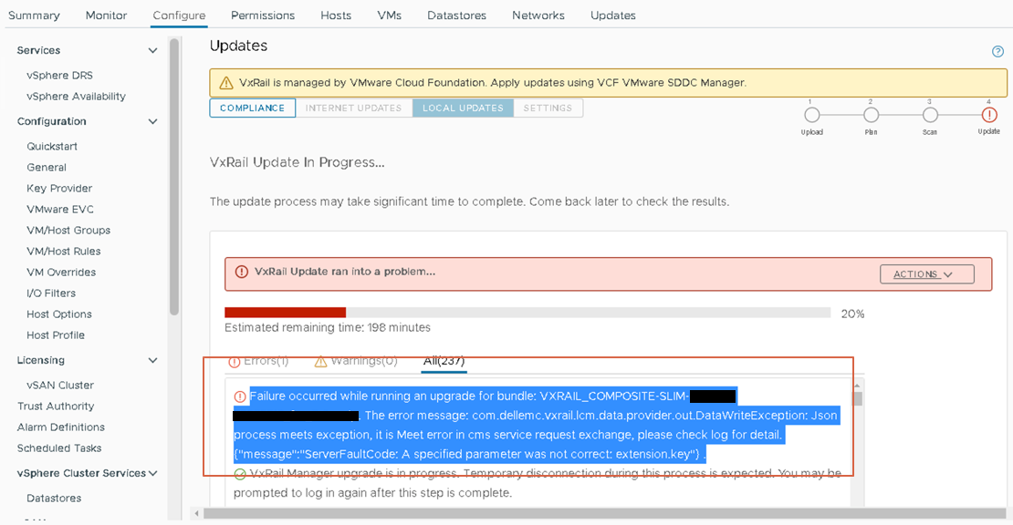 VCF on VxRail: Parallel VxRail Cluster Upgrades Fail: A specified parameter was not correct ...