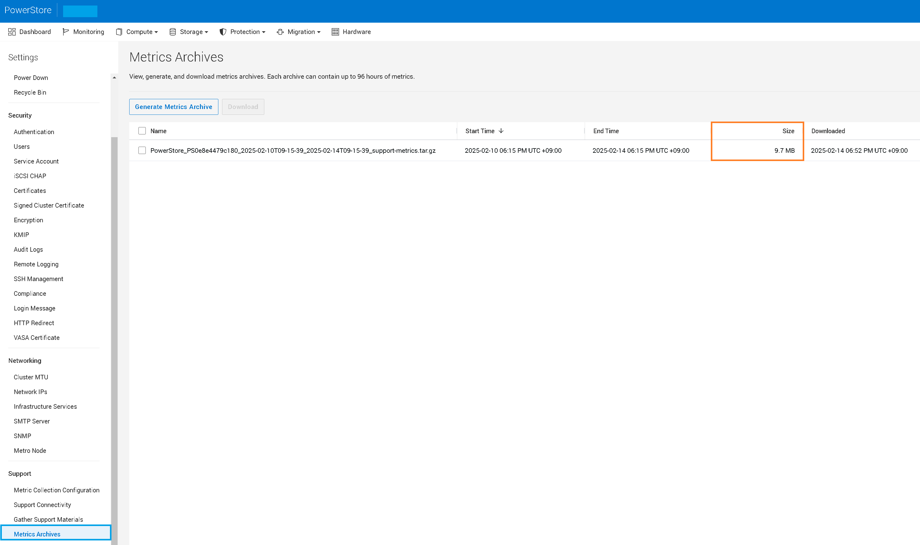 PowerStore: Het Metrics Archive-bestand is mogelijk klein en bevat geen ...