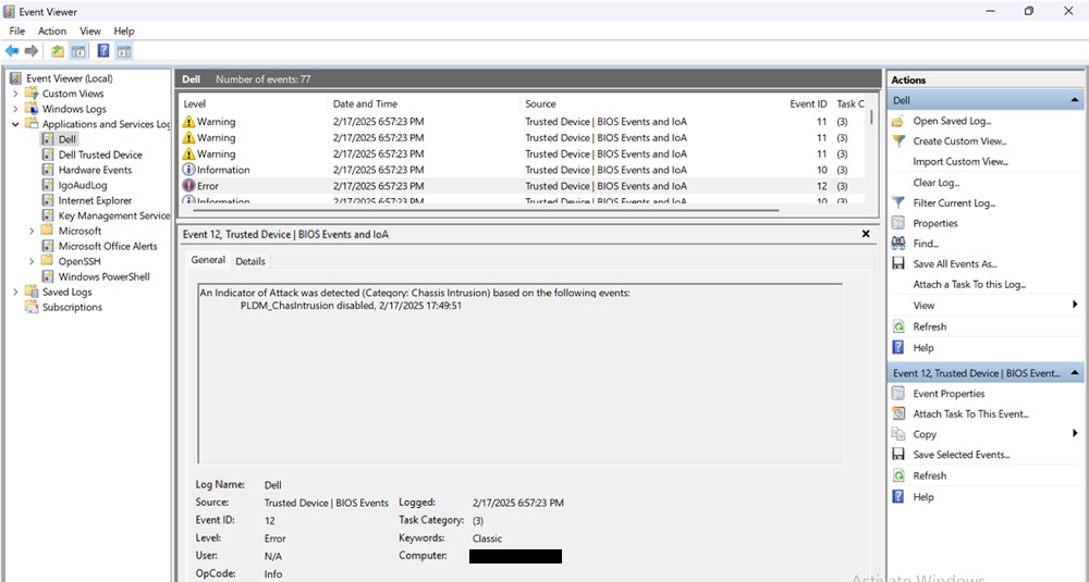 No Chassis Intrusion Tripped or Reset Log Event Viewer | Dell US