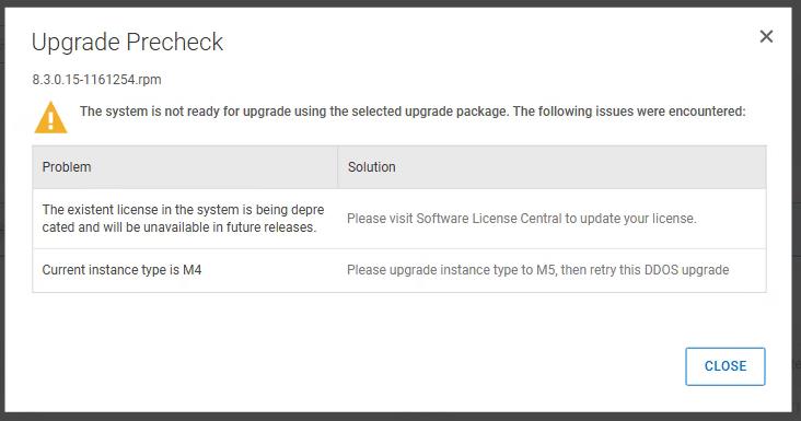 Data Domain: AWS deployed DDVE: Upgrade precheck failed with Error: Current instance type is M4 ...