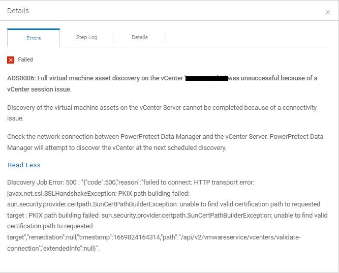 PowerProtect vCenter Asset Source Discovery fails with ADS0006 due to ...