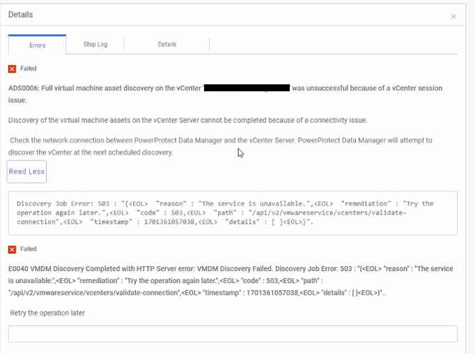 PowerProtect vCenter Discovery source fails with ADS0006 "Discovery Job ...