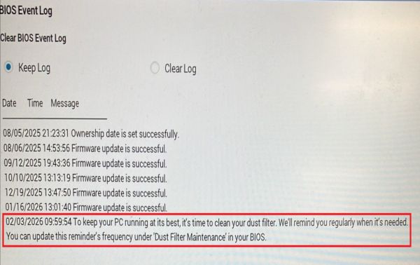 BIOS Dust Filter Maintenance Reminder Appears Even When No Dust Filter ...