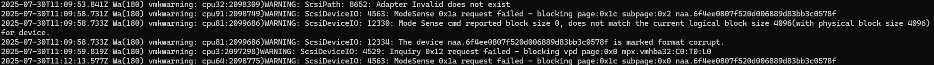 PERC: Mode Sense Block Size 0 Warning And Format Corrupt on ESXi 9.0 ...