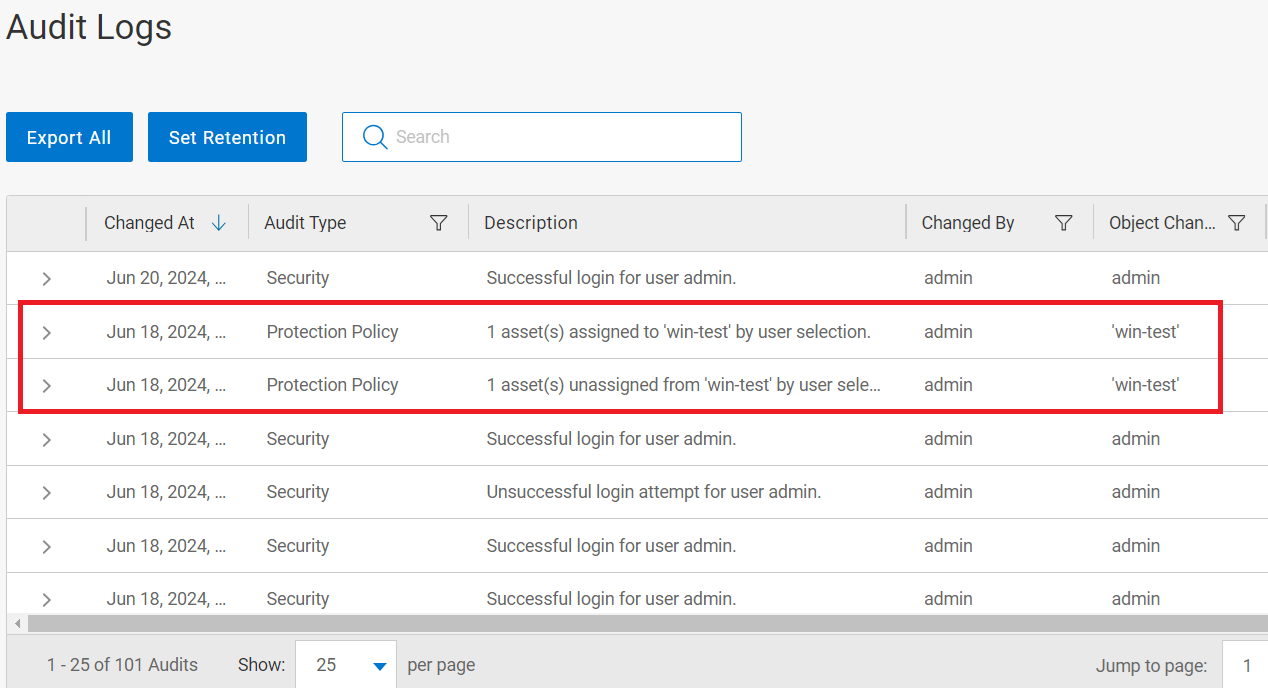 PowerProtect: Audit log missing entries like 1 asset assigned unassigned to Policy by user ...