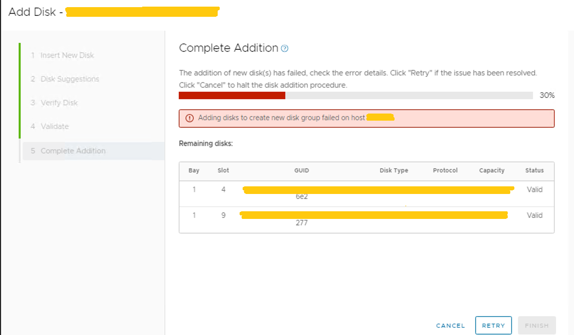 VxRail: Add Disk wizard fails at 30% Adding disks to create new disk group failed on host | Dell US