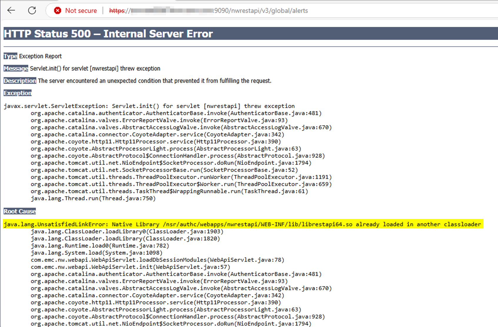 NetWorker: REST API requests fail with HTTP 500 java.lang.UnsatisfiedLinkError | Dell US