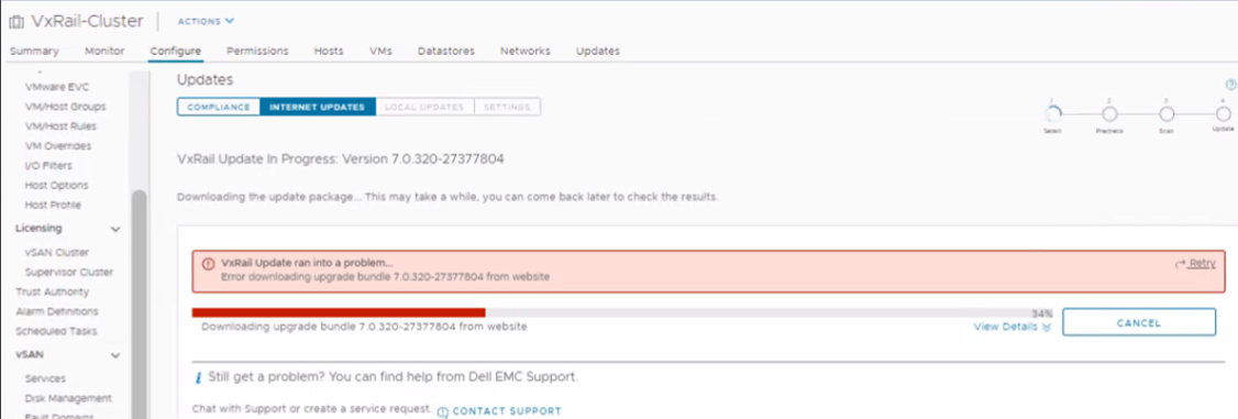 VxRail: Internet updates fails with error VxRail: Internet updates fails with error