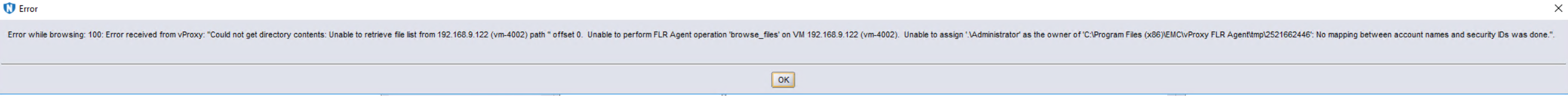 NVP vProxy: FLR browse fails with error "No mapping between account names, and security IDs was ...