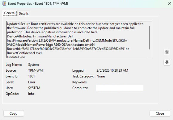 Windows Server TPM-WMI Event ID 1801 Secure Boot Certificates | Dell India